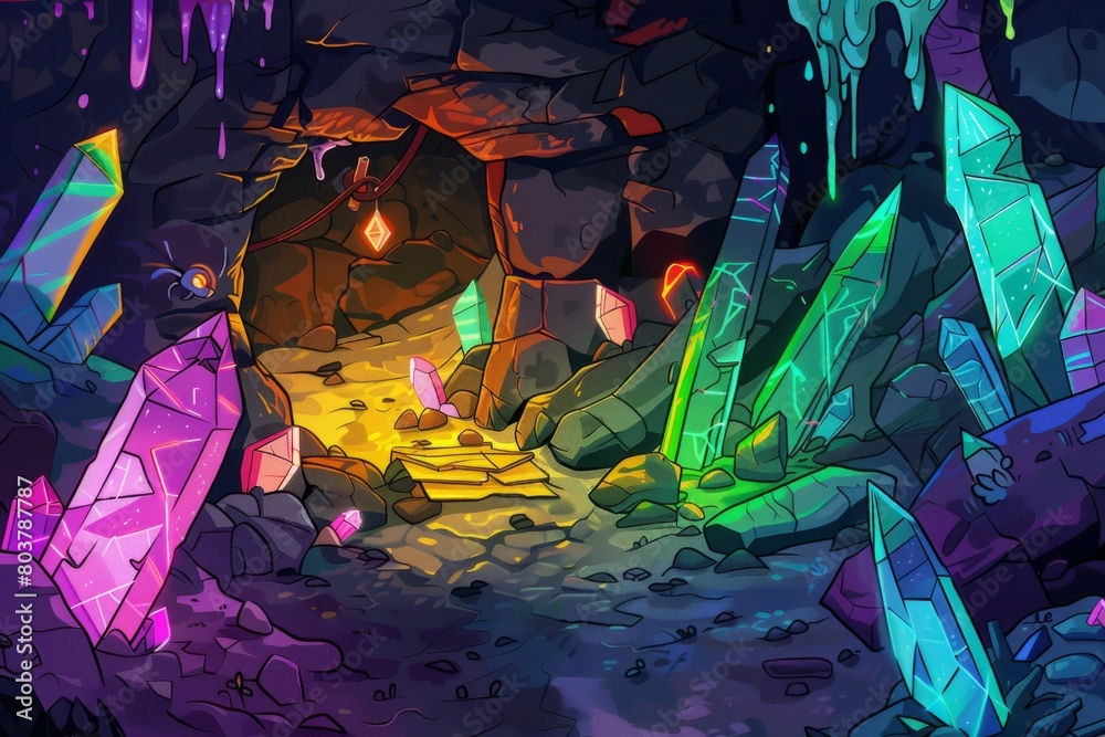 Cartoon cute doodles of an abandoned mine, with tunnels winding deep ...