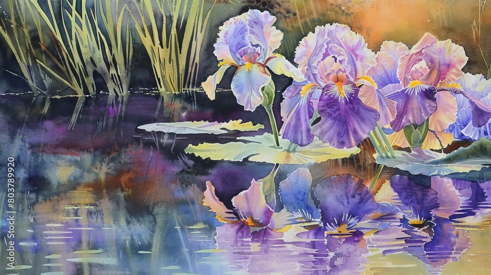 Elegant watercolor of irises by a pond, the reflection of the flowers ...