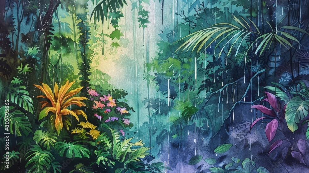 Vibrant watercolor of a rainforest scene after a rain, droplets on ...