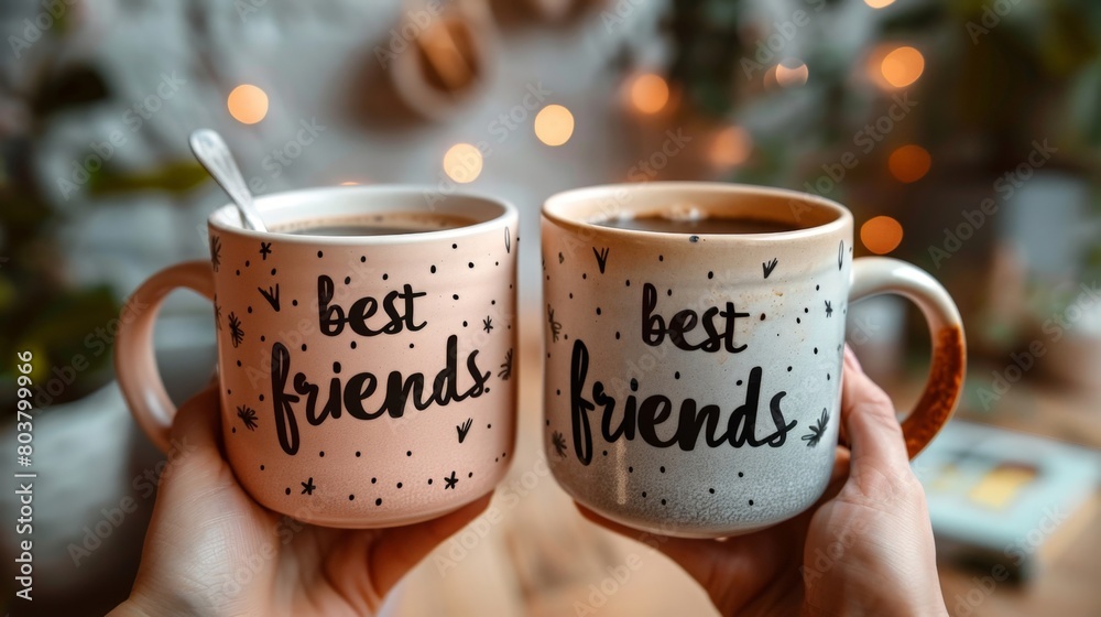 Best Friends Holding Matching Coffee Mugs with Heartwarming Message ...