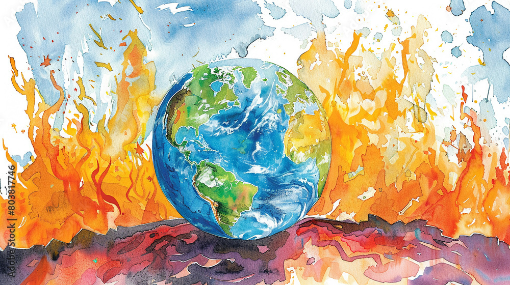 Illustrative depiction of global warming with a world map showing hot ...