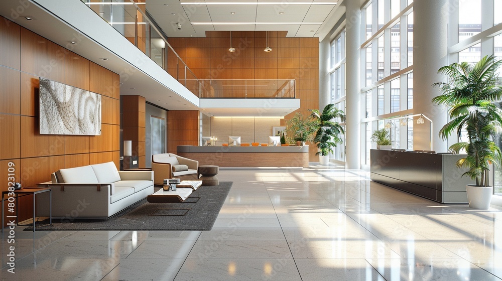 Luminous office lobby with a snug design, visualized through detailed ...