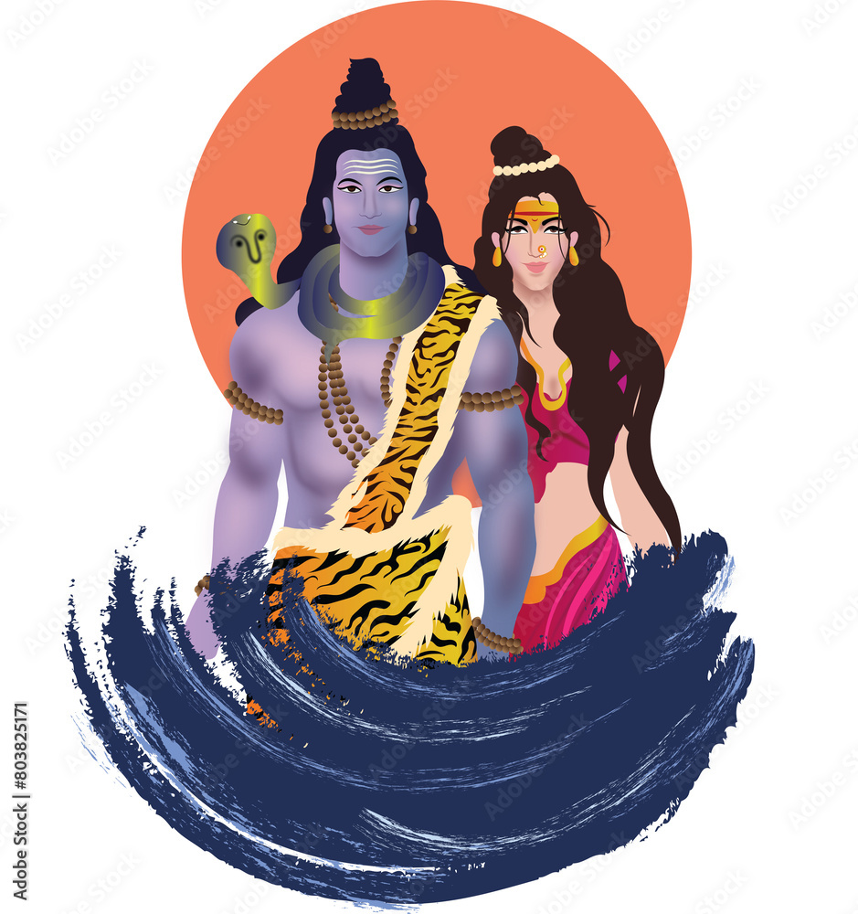 Illustration of Lord Shiva and Parvati against an orange backdrop ...