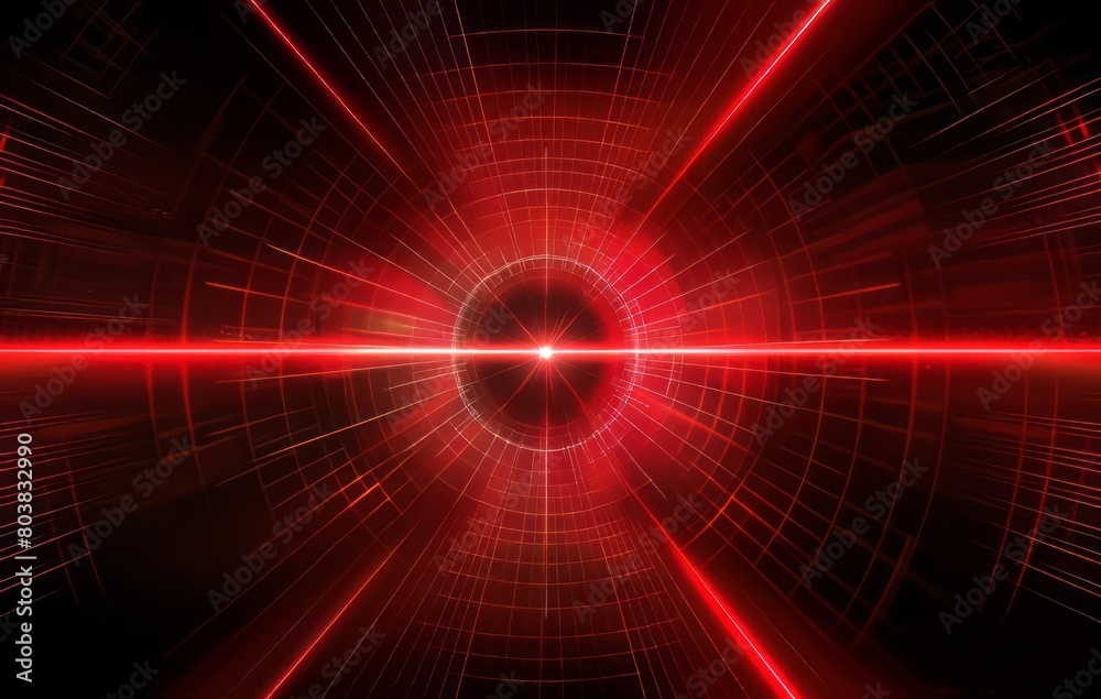 Red laser beams radiating light in the center of an abstract background ...