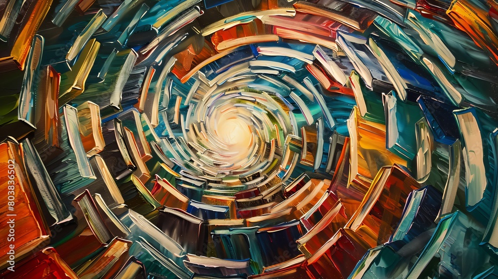Abstract oil painting depicting a single story book at the center of a ...