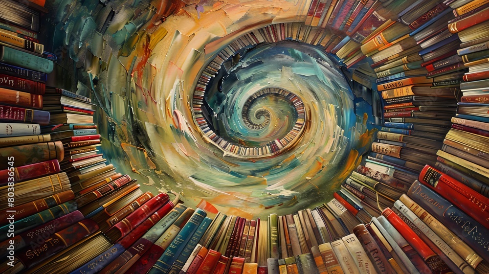 Abstract oil painting depicting a single story book at the center of a ...