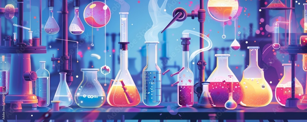 Graphic posters of a bustling science lab filled with beakers, flasks ...