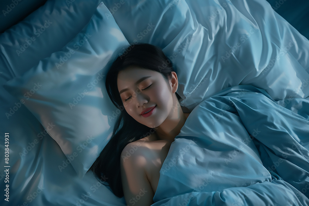 Beautiful Japanese woman sleeping in bed with a white pillow and blue ...