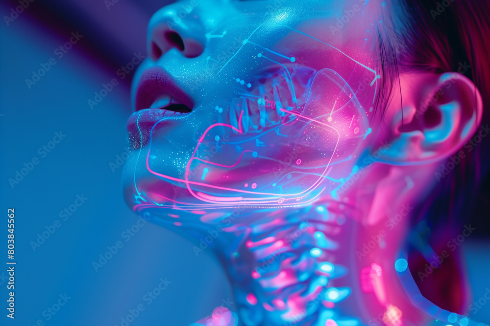 X-ray image of an Asian woman's chin. Technological scanning of the ...