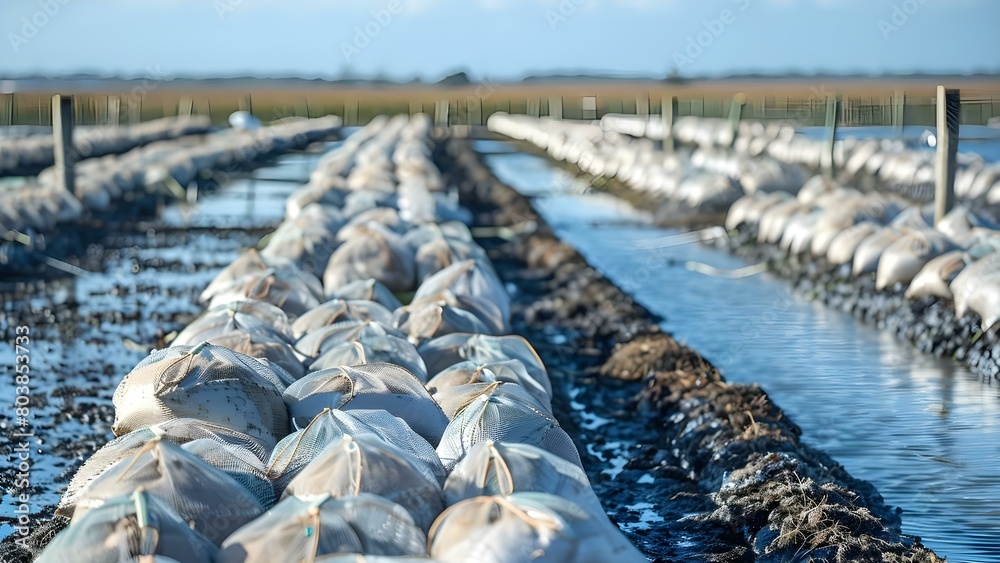 Scenic coastal clam farm with rows of mesh bags showcasing sustainable ...