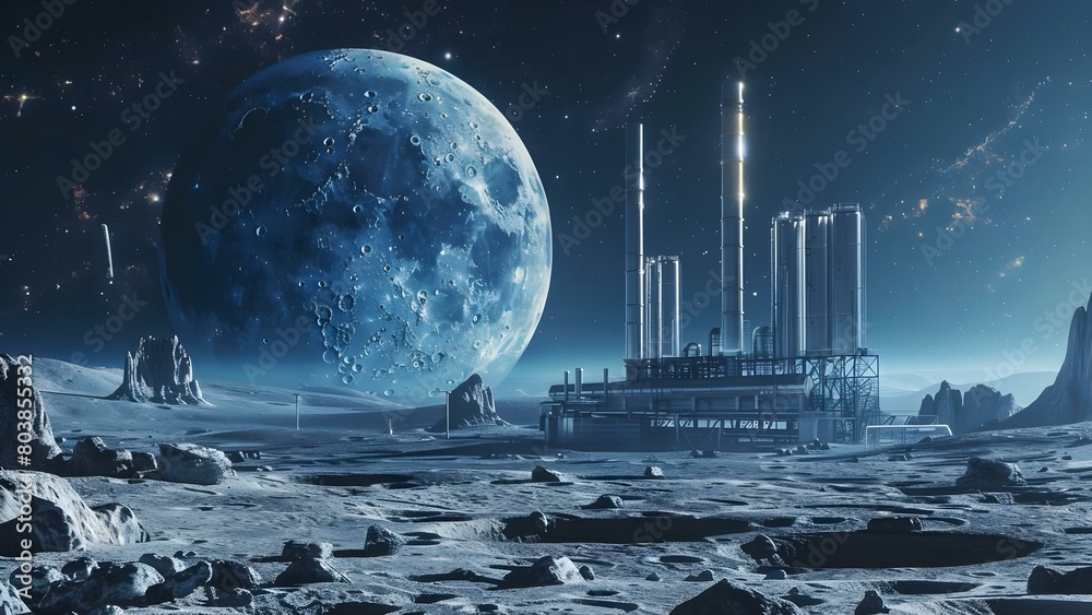Oxygen factory on moon with Earth in the background futuristic concept ...