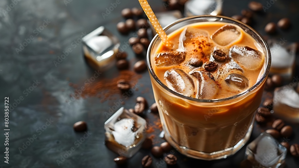 Overhead shot of iced latte in glass with ice cubes and straw. Concept ...
