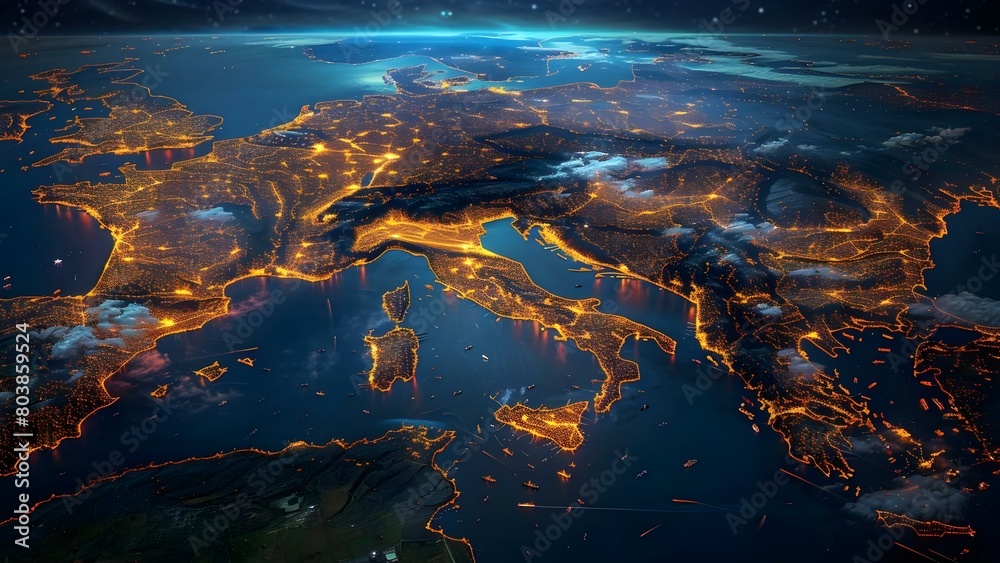 Istanbul map with illuminated countries and borders in highenergy dark ...