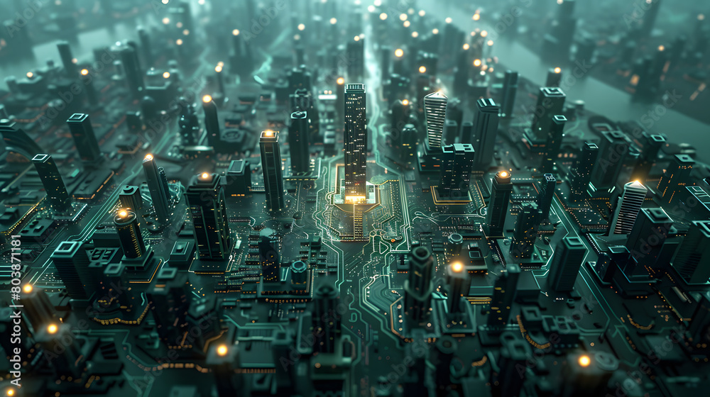 Glowing microchips city: Circuit Board Buildings, Digital hi-tech ...