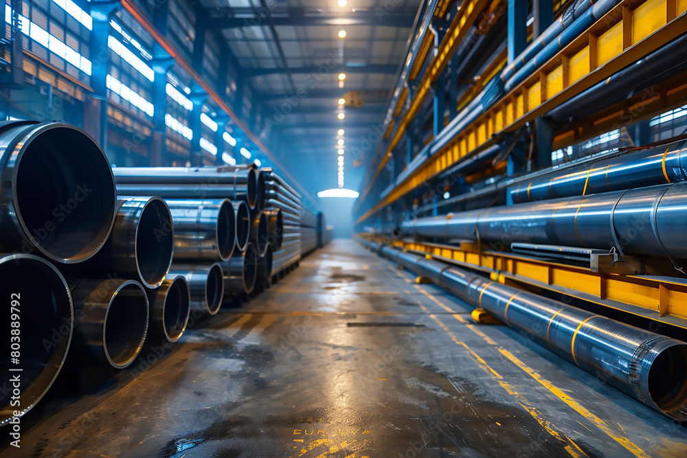 Steel pipes were stacked in a warehouse on pallets. The commercial ...