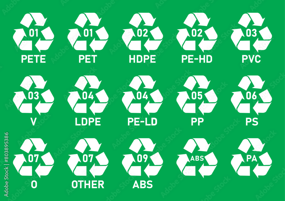 All plastic recycling code icon. Mobius strip plastic recycling code icons isolated on green ...