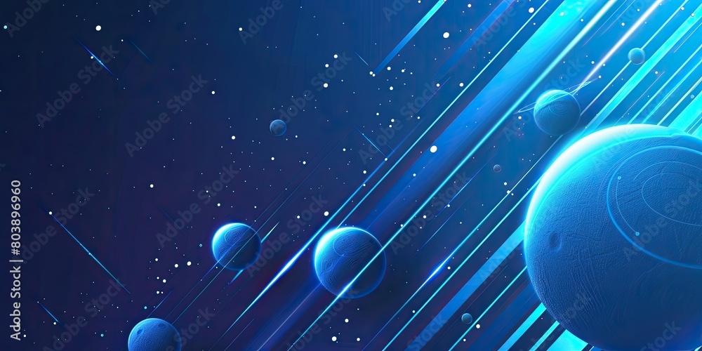 Blue background with diagonal lines and planet spheres, technology ...