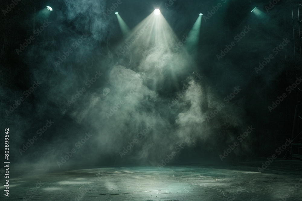 Empty concert stage with illuminated spotlights and smoke. Teal color ...