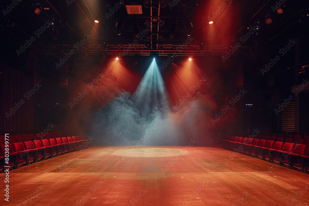Empty concert stage with illuminated spotlights and smoke. Red color ...