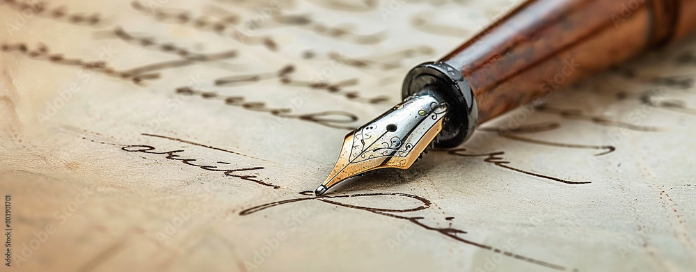 Fountain pen on an antique handwritten letter. Vintage nib pen and ...