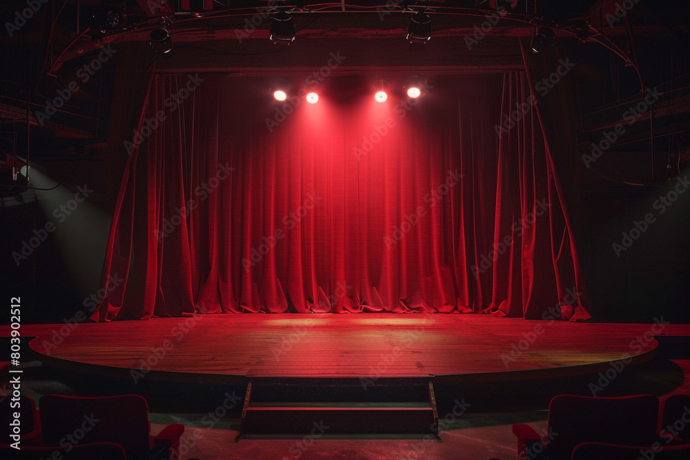 Empty concert stage with illuminated spotlights and smoke. Red color ...