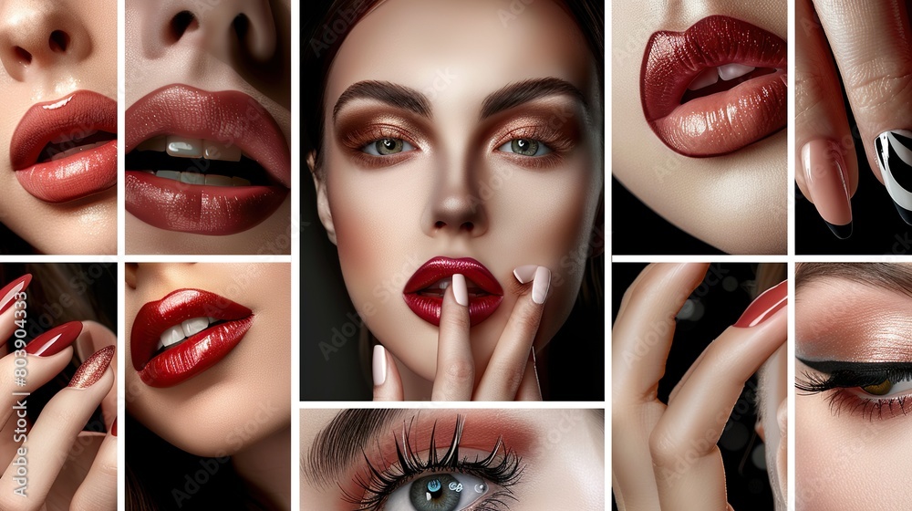 A collage of close-up images of lips, eyes, and hands. The lips are ...
