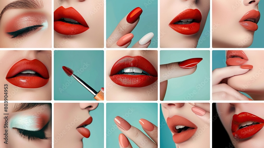 A collage of close-up images of lips, eyes, and hands. The lips are ...