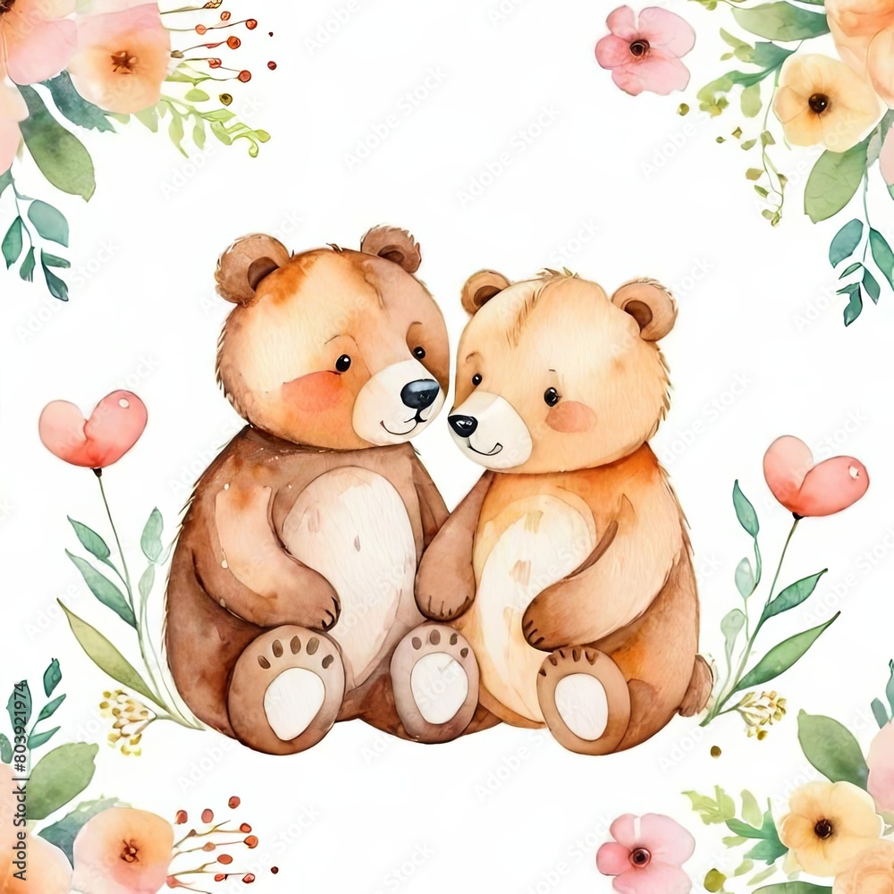 2 lovely brown bears in love. Watercolor greeting card template. Cute ...