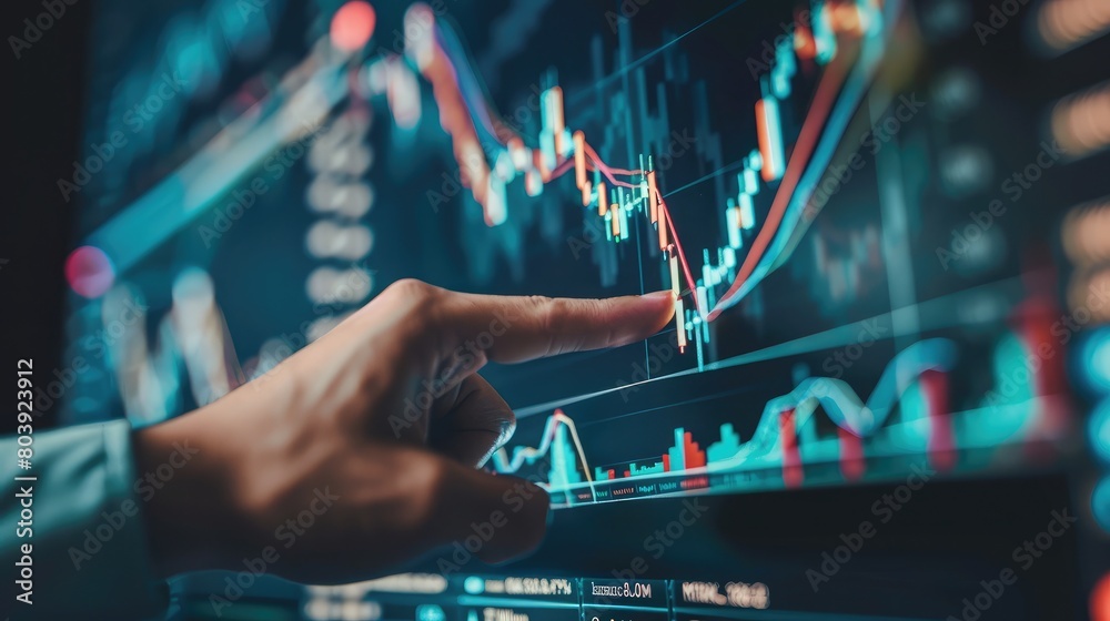 Hand indicating rising trend line on stock market graph displayed on computer screen ...