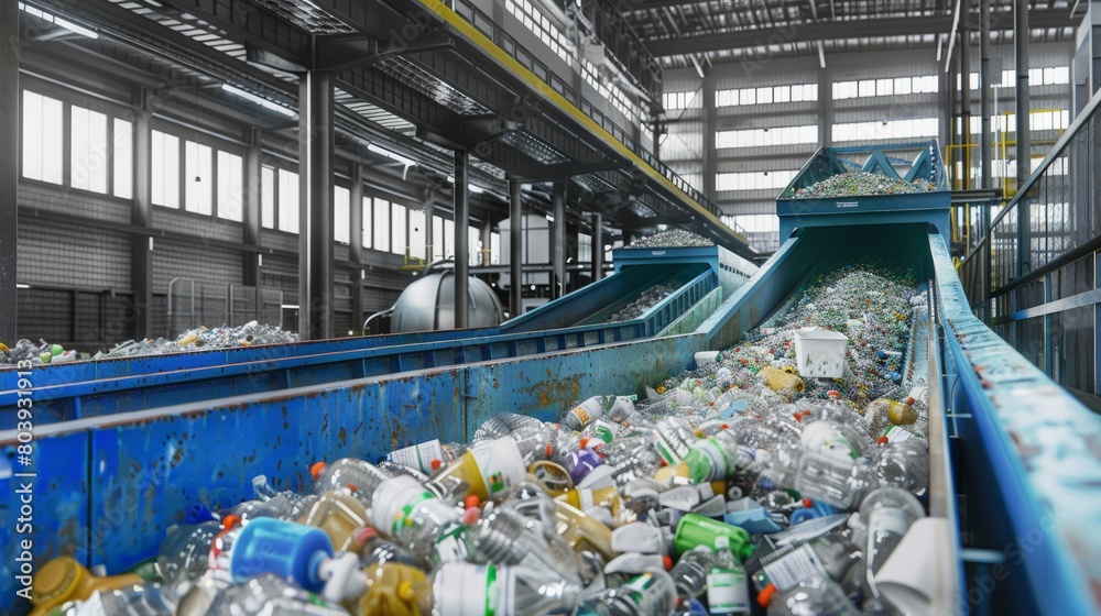 The garbage sorting plant has many different conveyors and conveyor ...