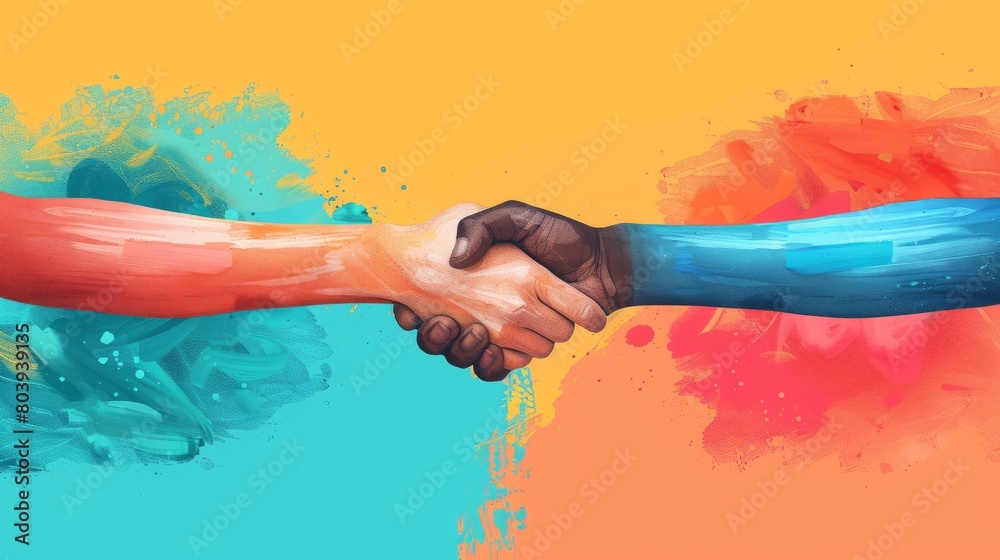 An illustration of two people of different skin colors shaking hands ...
