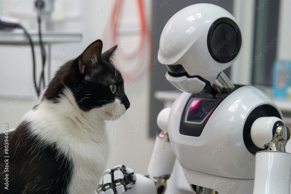 futuristic medical veterinary robot examining cat in pet hospital Stock ...