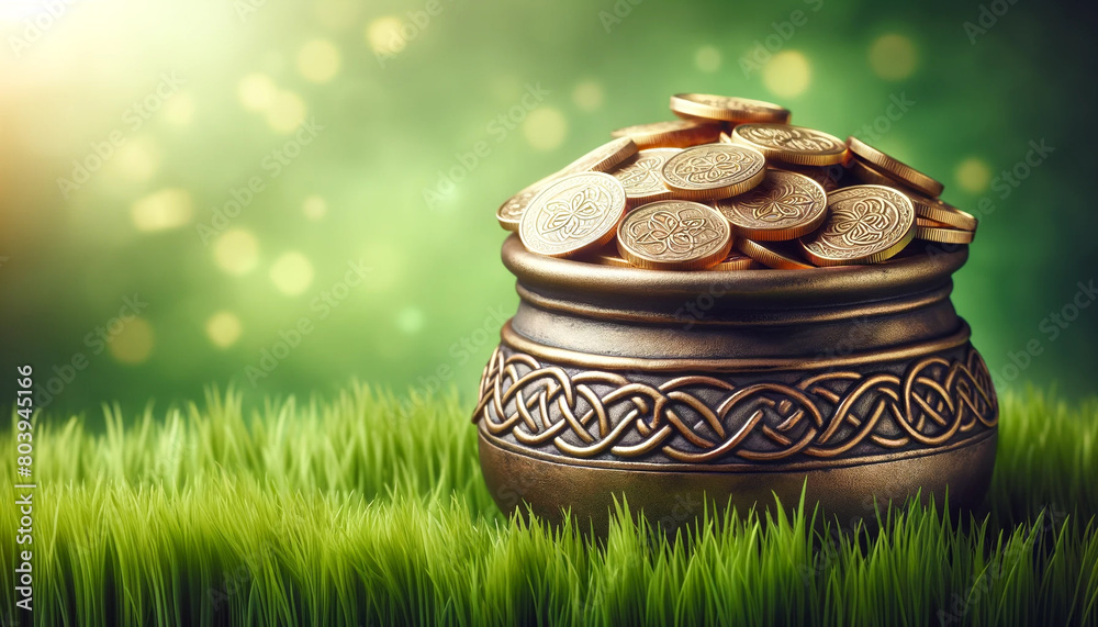 Close-up of a shiny, overflowing pot of gold coins set against a softly ...