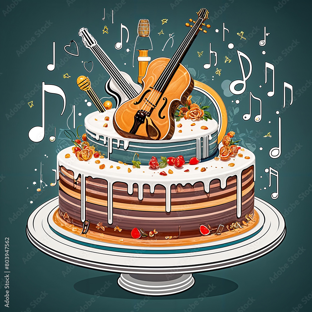 A large birthday cake with a violin, musical notes, and various musical ...