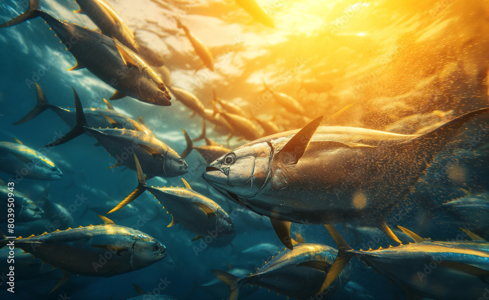 Large group of tunas swimming in the ocean,with one bluefin tuna at the ...