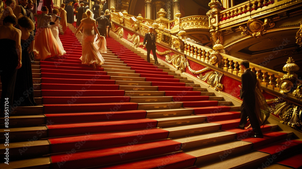 A dramatic staircase in a grand theater, red carpeted and lined with ...