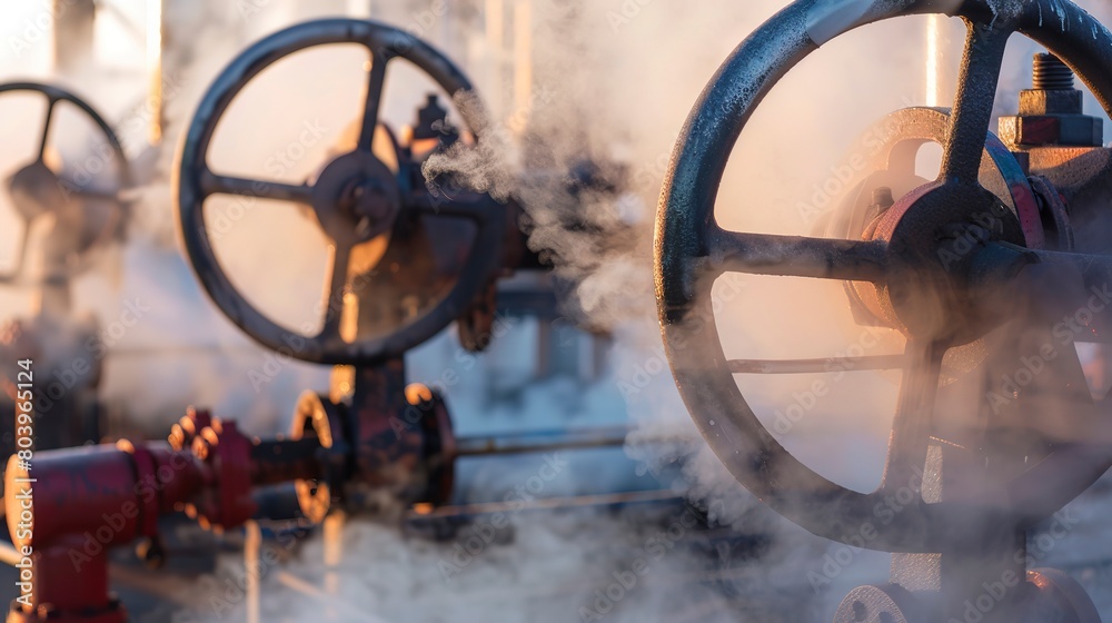 Foto de Intense close-up of steam valves releasing pressure in a ...