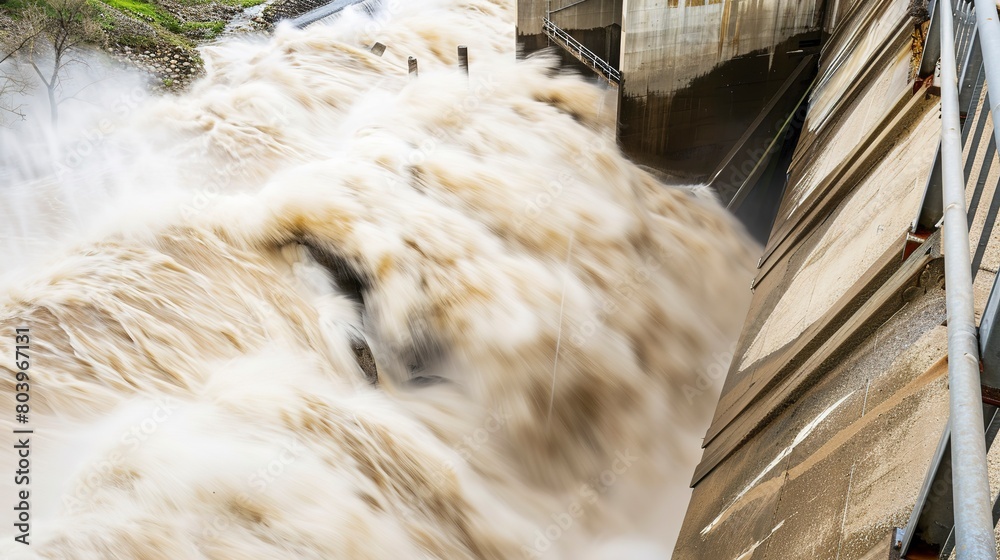 Detailed shot of a hydropower dam managing overflow after heavy ...
