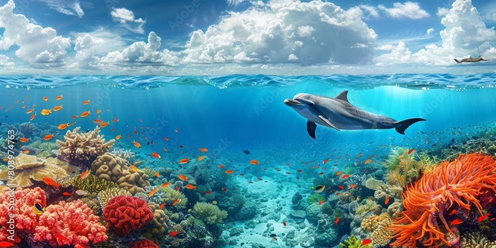 Above and below surface of the Caribbean sea with coral reef, fishes ...