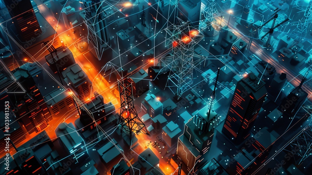 Aerial view of a complex grid infrastructure with intertwined power ...