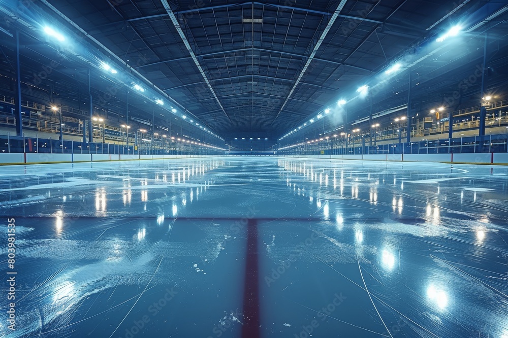 An expansive, empty indoor ice rink, brightly lit and freshly zambonied ...