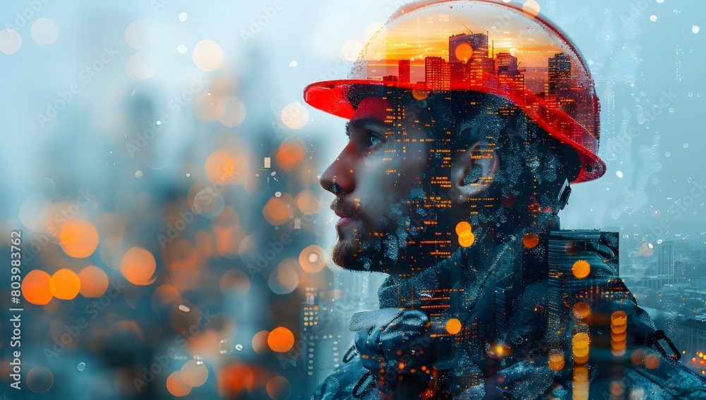 Portrait of a construction worker wearing a hard hat, overlayed with an ...