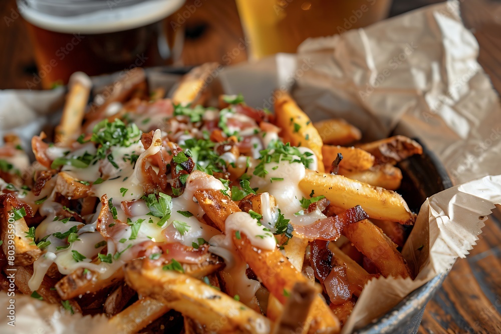 gourmet loaded fries served in a stylish dish, bathed in warm, natural ...