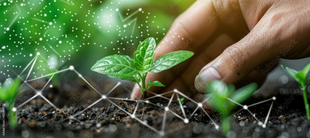 Hand take care plant with network technology elements. Nature ecology ...