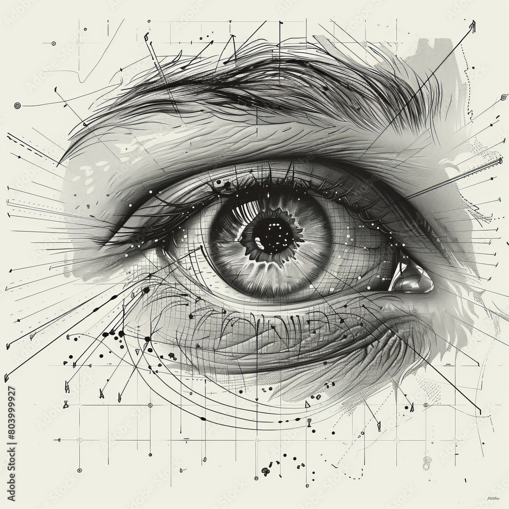 vintage human eye with overlaying diagram lines, illustrating ocular ...