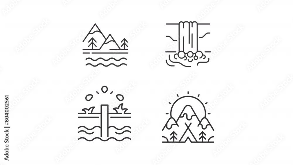 Cascade waterfall animation set. Water ecosystem animated line icons ...