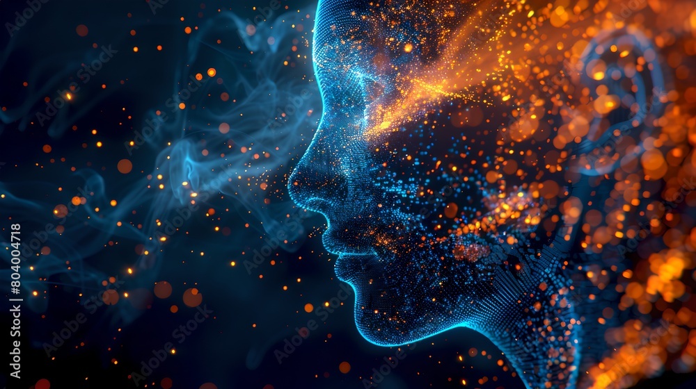 Vivid abstract representation of human profiles in cosmic style. A ...