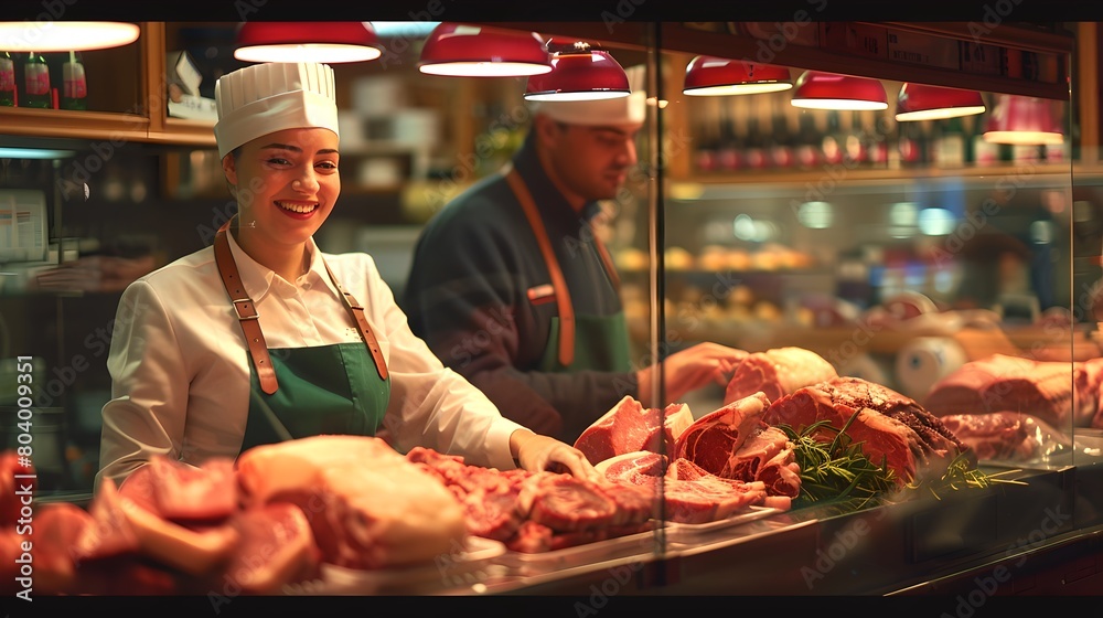 Foto de Smiling female butcher at work behind the meat counter ...