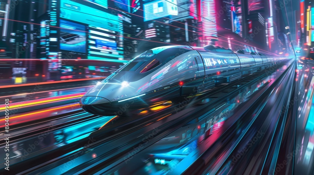 High-speed maglev train racing through a futuristic cityscape, neon ...