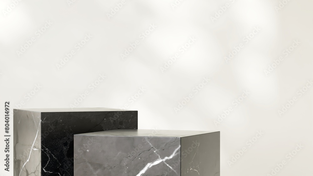Two modern marble black cuboid table podium in sunlight on white wall ...